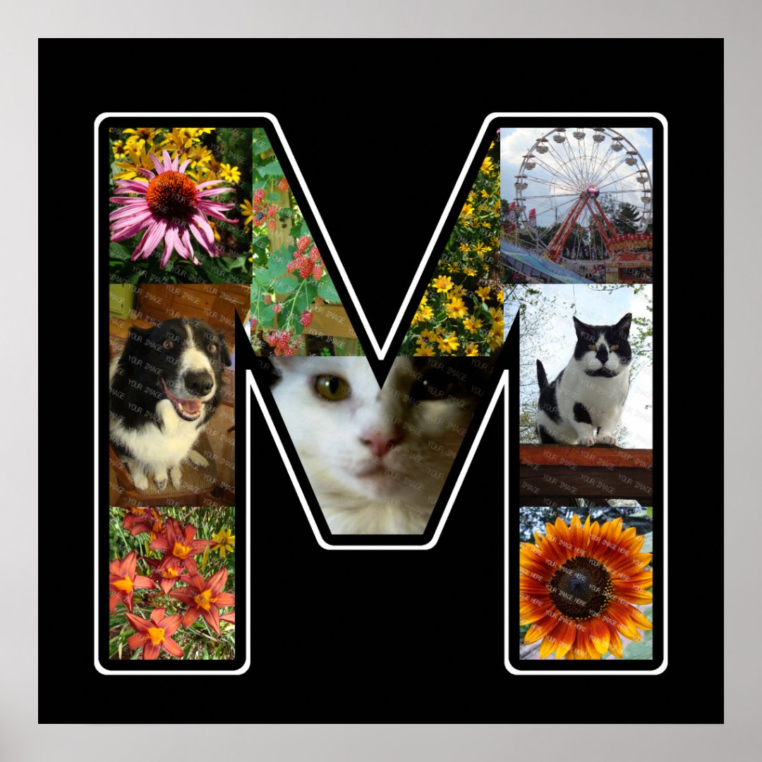 M Monogram Create Your Own 9 Photo Collage Black Poster | Zazzle