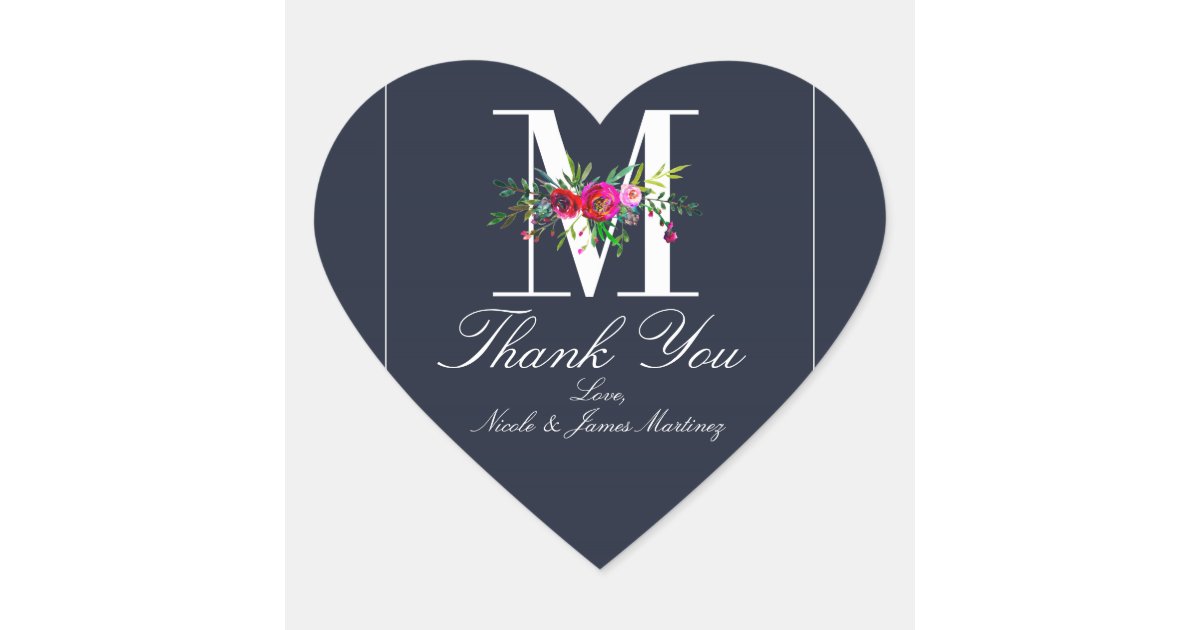 M Monogram Last Initial Modern Blue Floral Wedding Heart Sticker | Zazzle