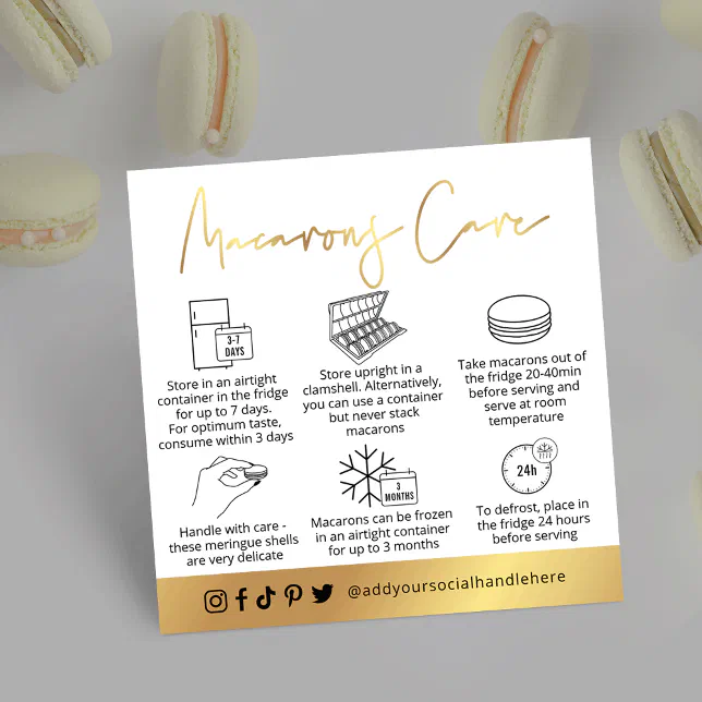 Macarons White & Gold Modern Desserts Care Guide Square Business Card ...