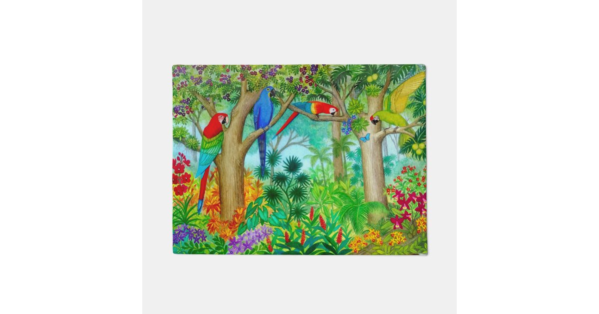 Macaw Parrot Tropical Jungle Doormat | Zazzle