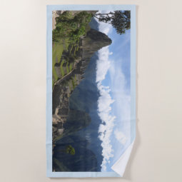 Machu Picchu Peru, blue border Beach Towel | Zazzle