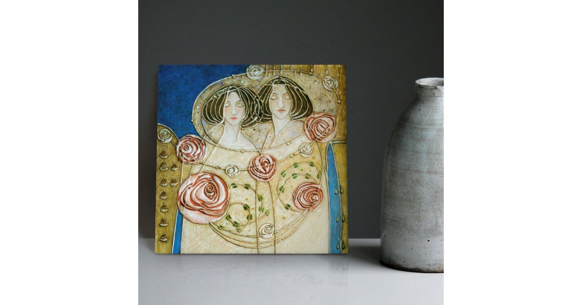 Mackintosh Art Deco Women and Roses Wall Decor Ceramic Tile | Zazzle