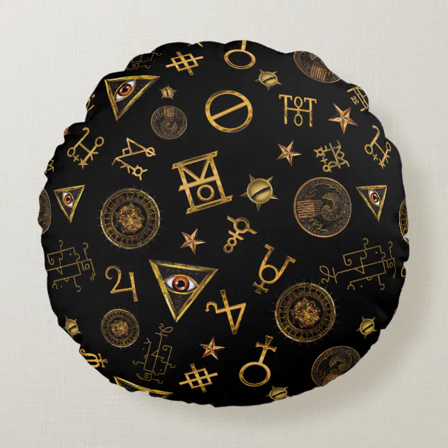 MACUSA™ Magic Symbols And Crests Pattern Round Pillow | Zazzle