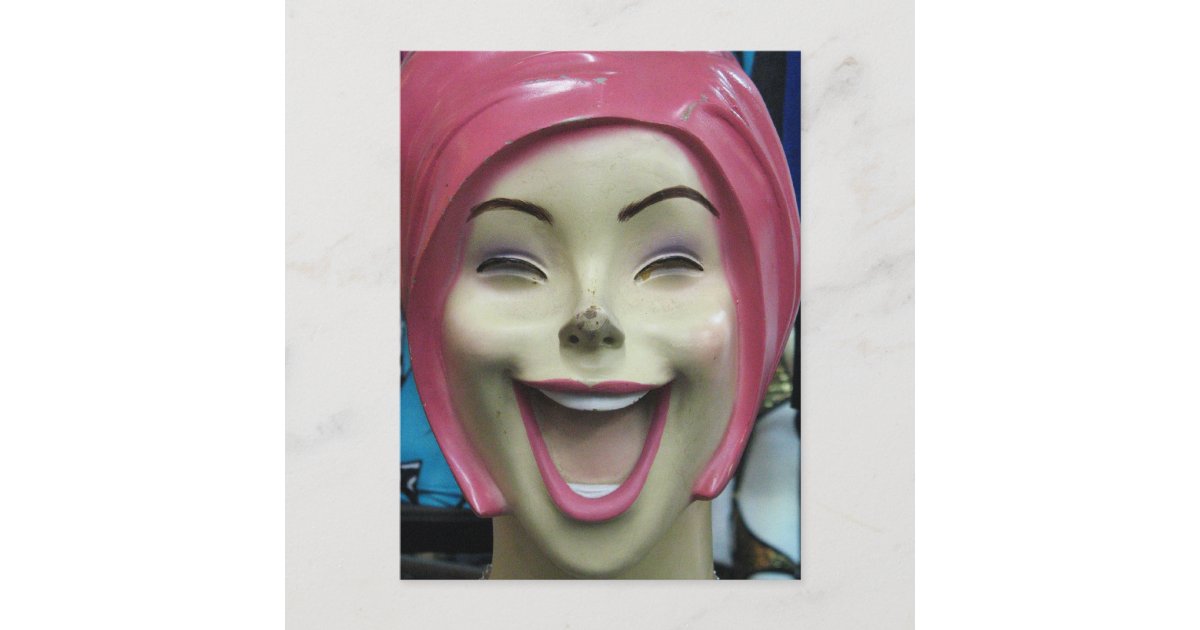 Mad Laughing Mannequin ~ Uncanny Valley Girl Postcard | Zazzle