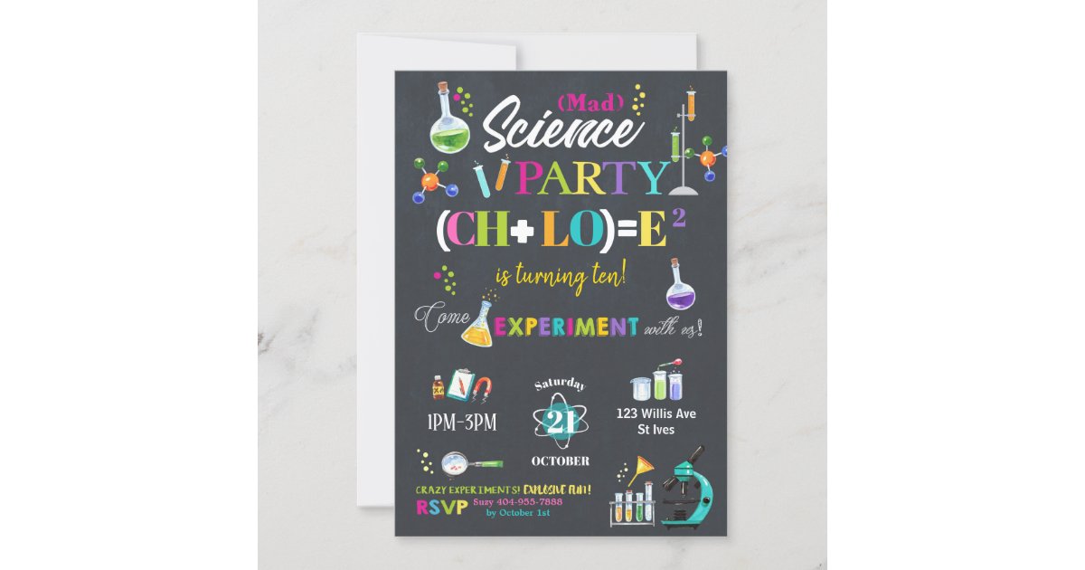 Mad Science Birthday Party Chalkboard Girl Invitation | Zazzle