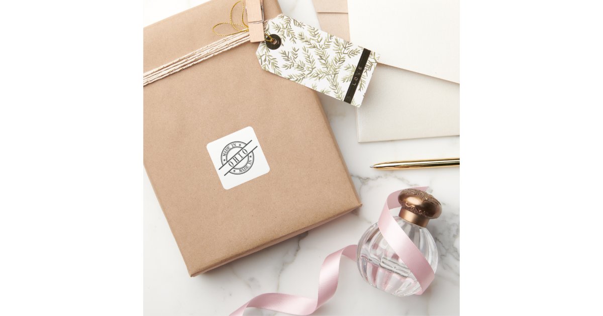 Made In Ohio Stamp Style Logo Symbol Black Square Sticker | Zazzle