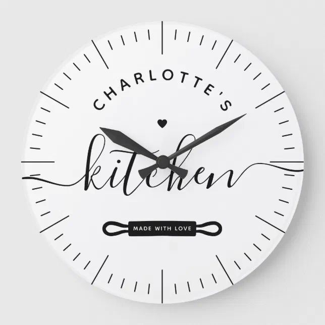 Made With Love Modern White Custom Name Kitchen Large Clock | Zazzle