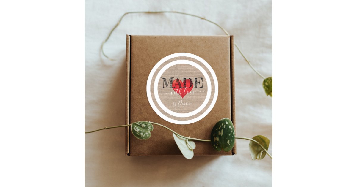 Made With Love Script Red Heart On Linen Texture Classic Round Sticker ...