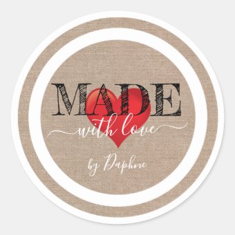 Made With Love Script Red Heart On Linen Texture Classic Round Sticker ...