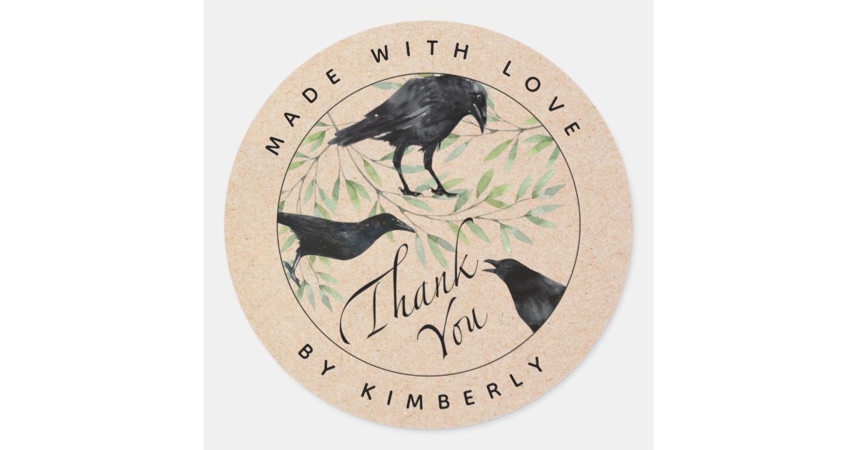 Made with Love Thank You Crow Bird Classic Round S Sticker | Zazzle