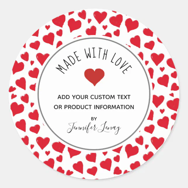 Made With Love Valentines Red Hearts Personalized Classic Round Sticker ...