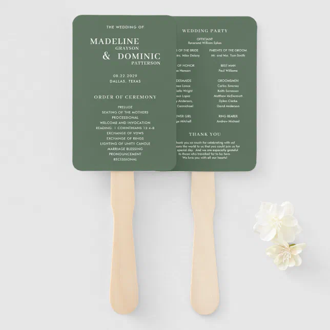 Madeline Forest Green Modern Wedding Program Hand Fan | Zazzle