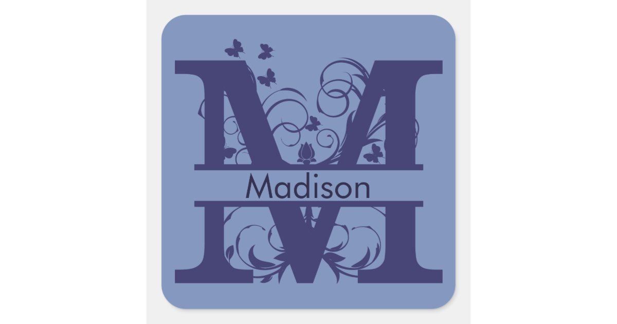 Madison Monogram Butterfly Swirls Square Sticker | Zazzle