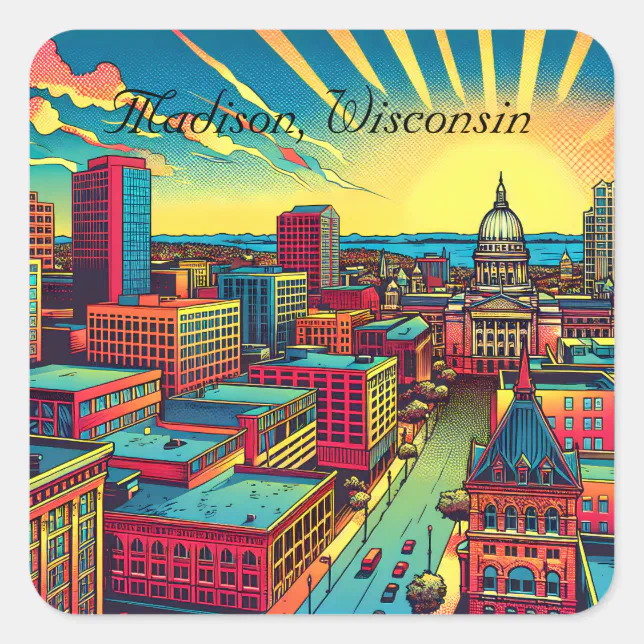Madison, Wisconsin City Skyline at Sunset Square Sticker | Zazzle