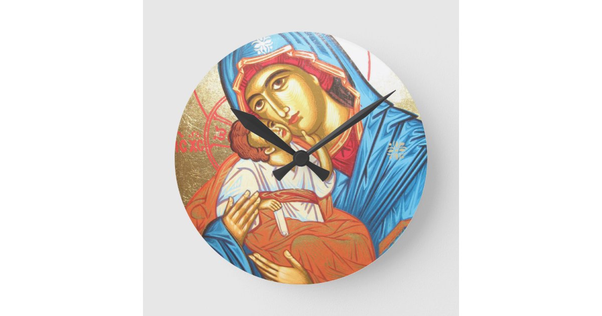 Madonna with Jesus Byzantine Religious Icon gold Round Clock | Zazzle