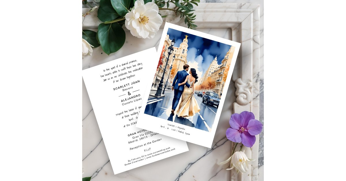 Madrid Gran Vía Colorful Cityscape Wedding Couple Invitation | Zazzle