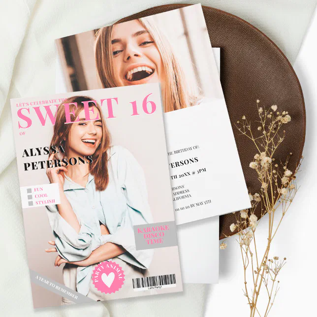 Magazine cover 2 photos pink trendy Sweet 16 Invitation | Zazzle
