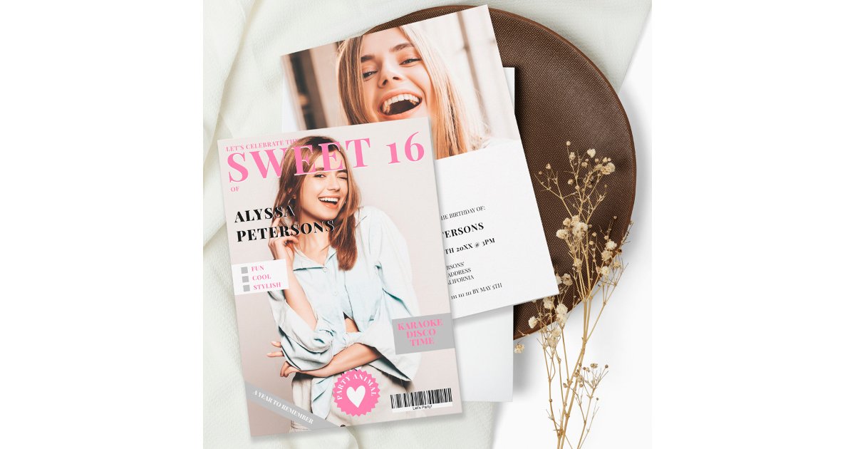 Magazine cover 2 photos pink trendy Sweet 16 Invitation | Zazzle