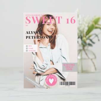 Magazine cover 2 photos pink trendy Sweet 16 Invitation | Zazzle