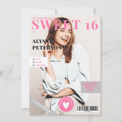 Magazine cover 2 photos pink trendy Sweet 16 Invitation | Zazzle