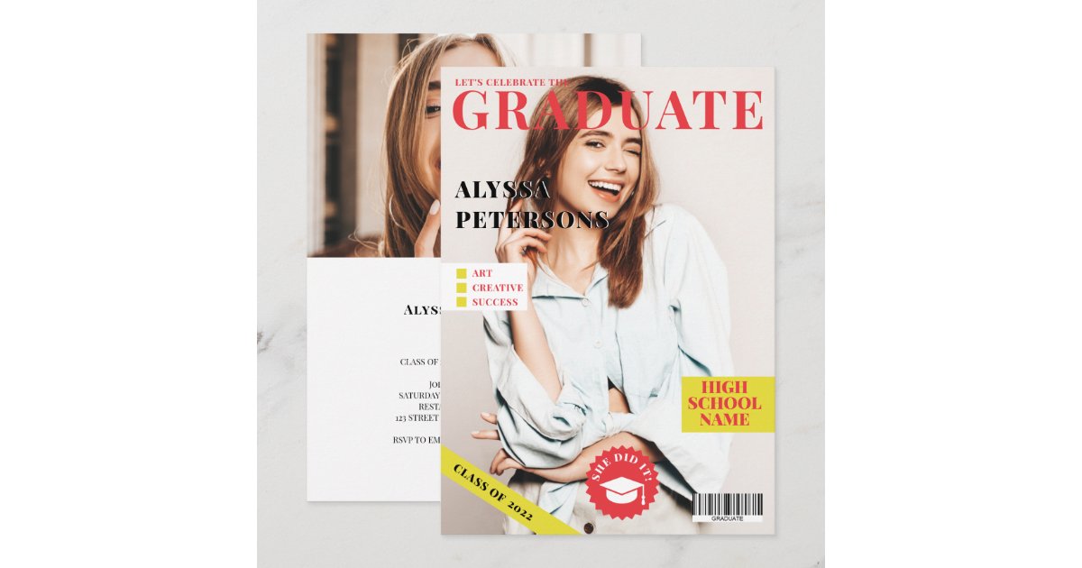 Magazine cover 2 photos red trendy graduation announcement | Zazzle