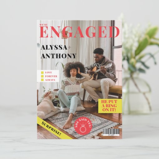 Magazine cover 4 photos engagement announcement | Zazzle