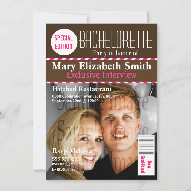 Magazine cover DIY photo headings pink brown mod Invitation | Zazzle