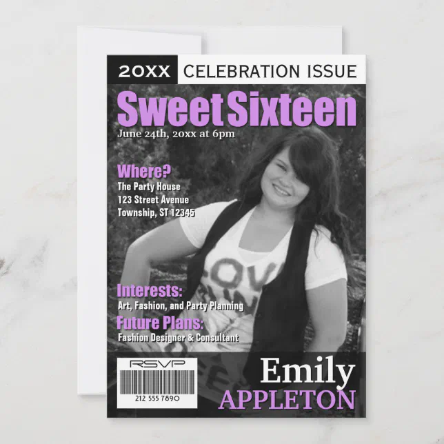 Magazine Cover Purple Sweet Sixteen Invitations | Zazzle