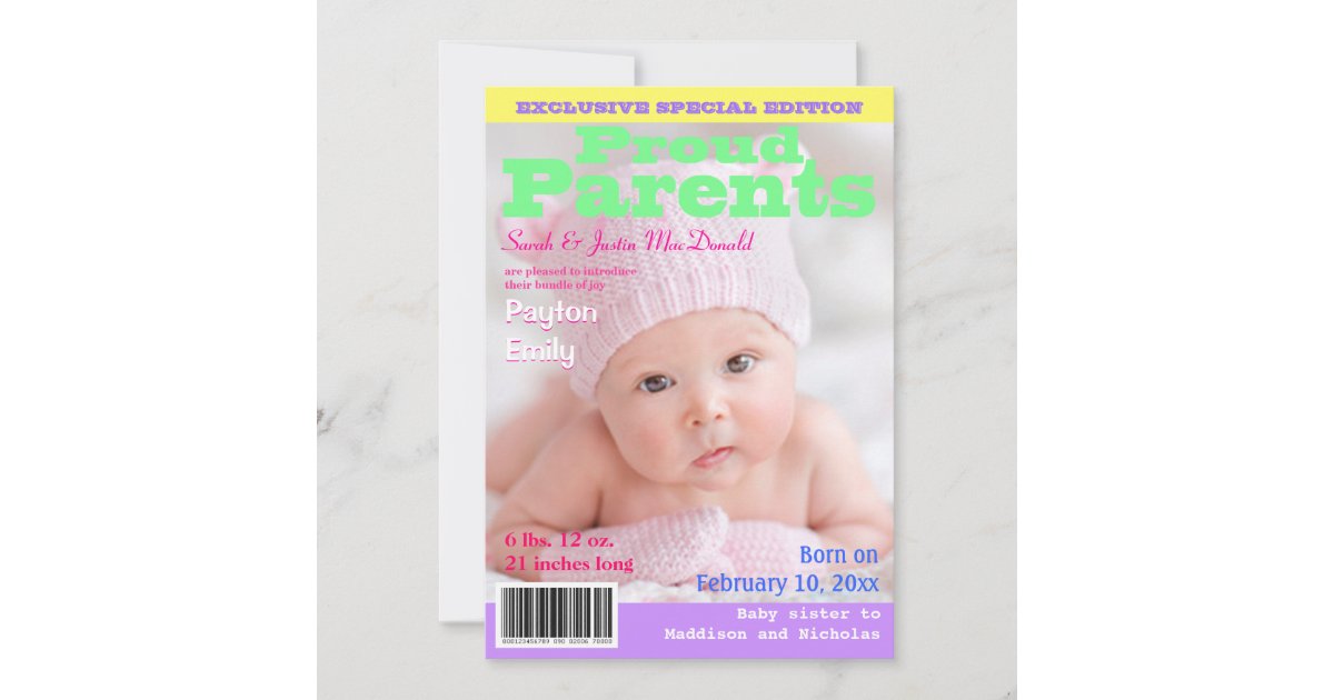 Magazine Cover Style Birth Announcement with Photo | Zazzle