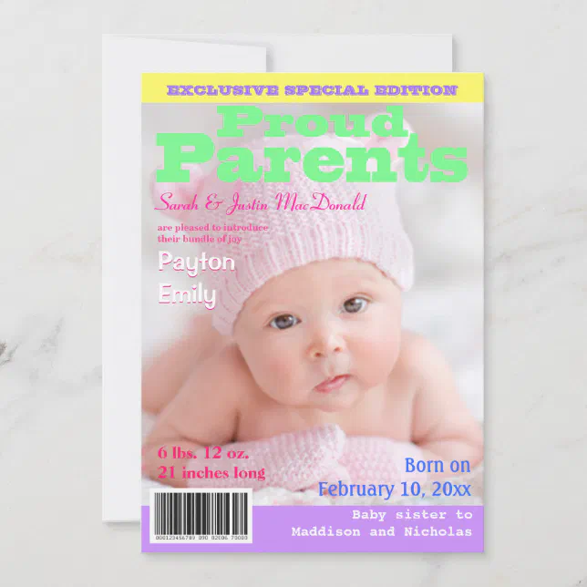 Magazine Cover Style Birth Announcement with Photo | Zazzle