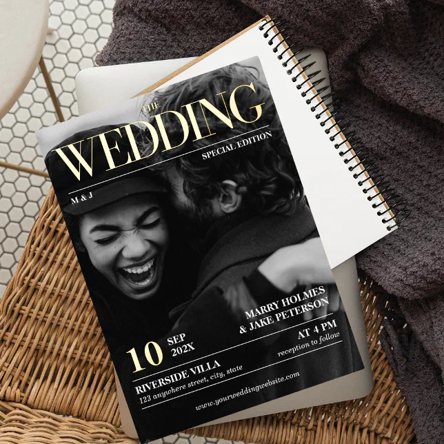 Magazine Editorial Newspaper Wedding Photo GOLD Foil Invitation | Zazzle