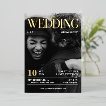 Magazine Editorial Newspaper Wedding Photo GOLD Foil Invitation | Zazzle