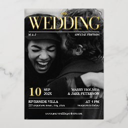 Magazine Editorial Newspaper Wedding Photo GOLD Foil Invitation | Zazzle