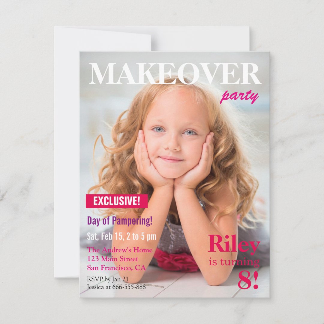 Magazine Makeover Pamper Girls Birthday Party Invitation | Zazzle