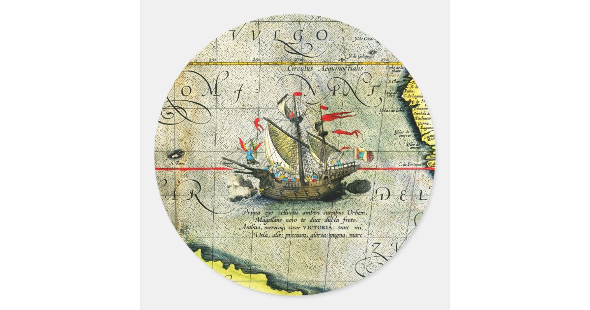 Magellans ship Victoria, Antique Map Pacific Ocean Classic Round ...