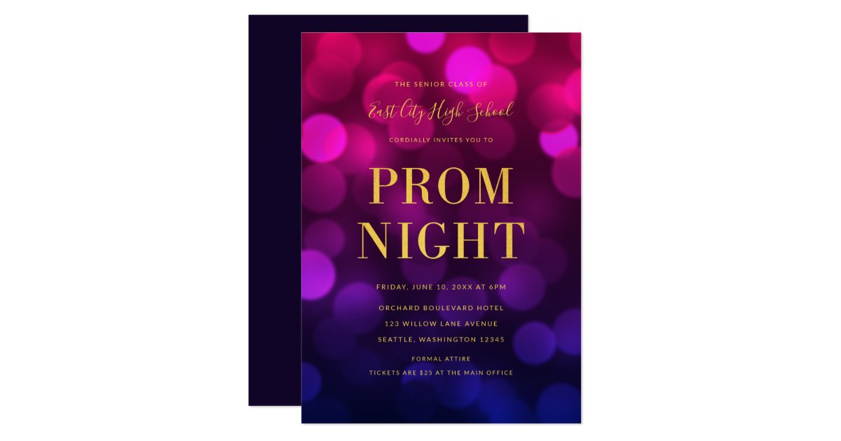 Magenta Blue Bokeh Lights Gold High School Prom Invitation | Zazzle.com