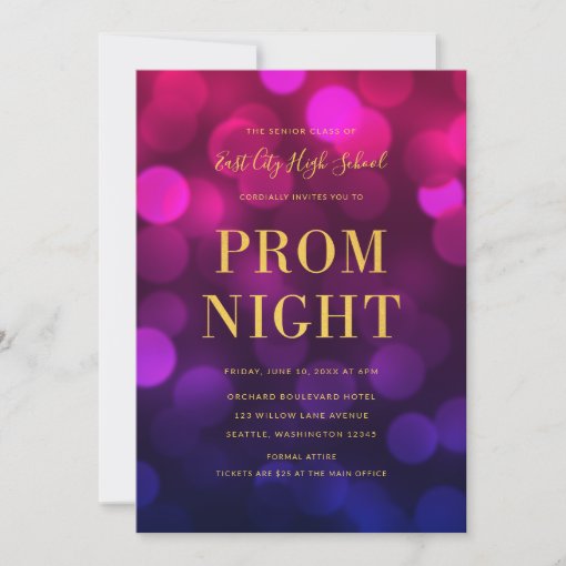 Magenta Blue Bokeh Lights Gold High School Prom Invitation | Zazzle