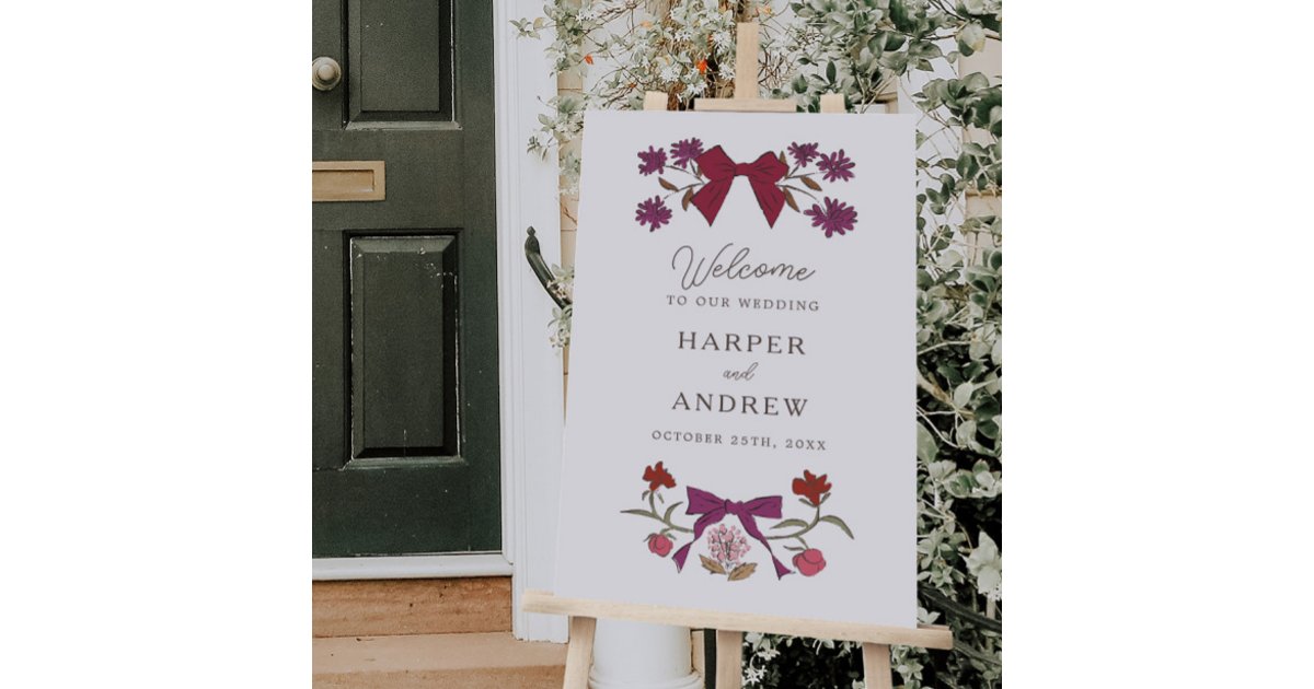 Magenta Bows Flowers Wedding Welcome Sign | Zazzle