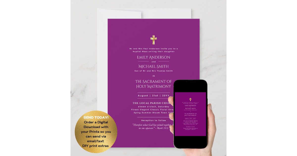 Magenta Catholic Nuptial Mass Wedding Invitation | Zazzle