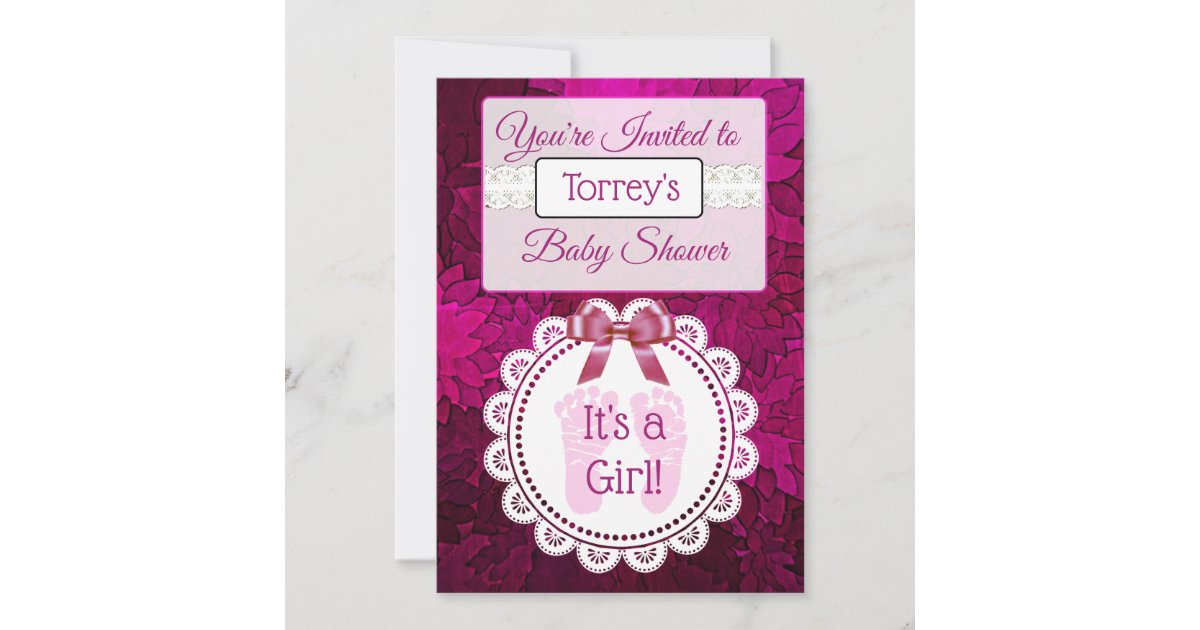 Magenta Footprints Girl's Baby Shower Invitation | Zazzle