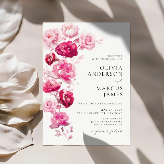 Magenta Hot Pink Floral Elegant Wedding Invitation | Zazzle