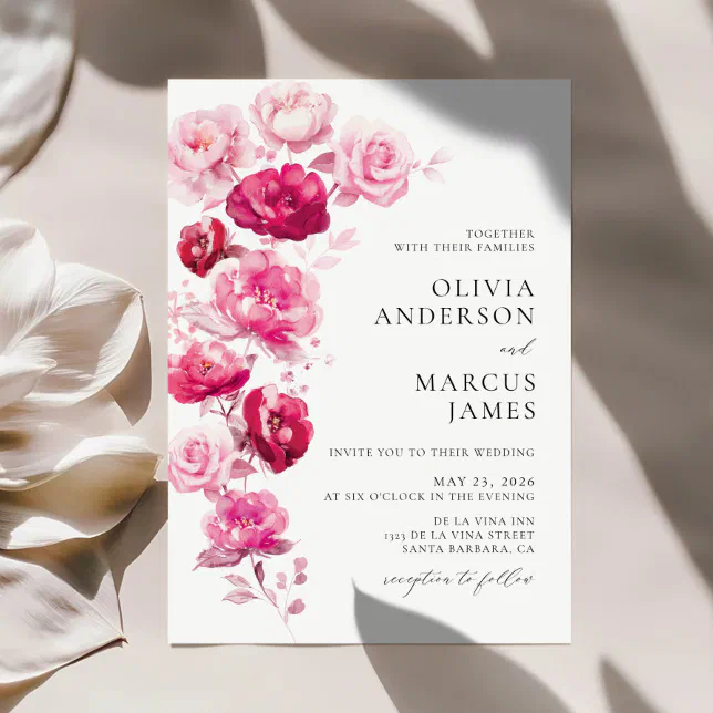 Magenta Hot Pink Floral Elegant Wedding Invitation | Zazzle