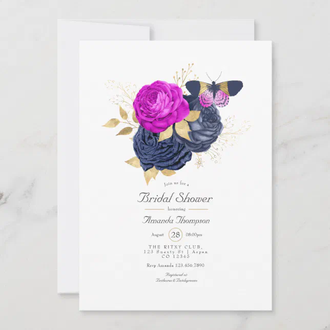 Magenta Navy and Gold Floral Bridal Shower Invitation | Zazzle