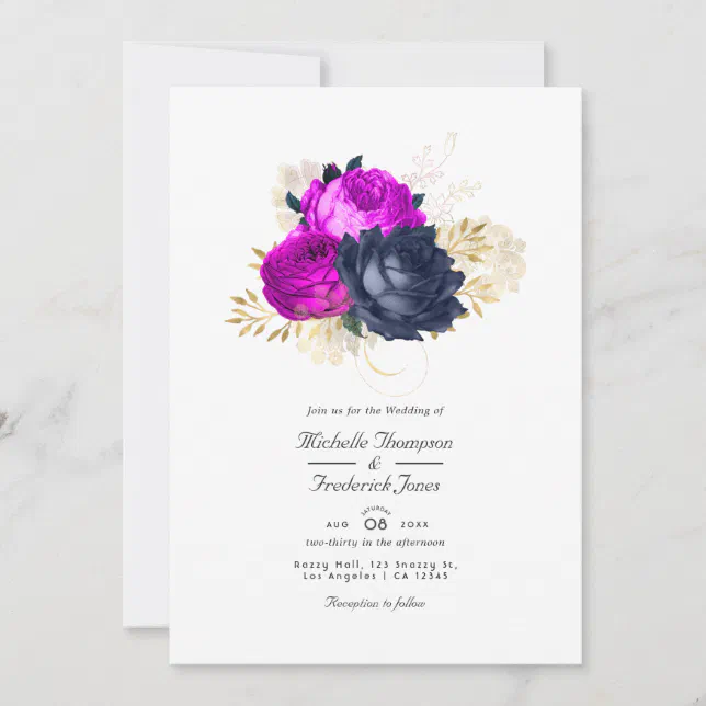 Magenta Navy and Gold Floral Wedding Invitation | Zazzle