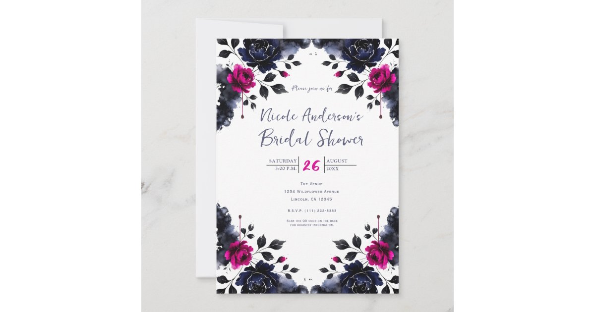 Magenta Pink Blue Inky Floral Watercolor Bridal Invitation | Zazzle
