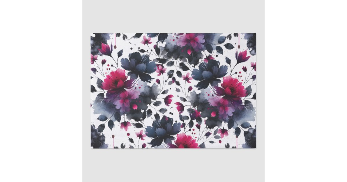 Magenta Pink & Blue Inky Floral Watercolor Wedding Tissue Paper | Zazzle