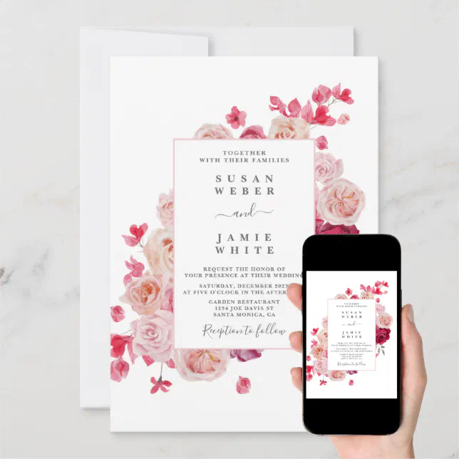 Magenta Pink Floral wedding Invitation | Zazzle