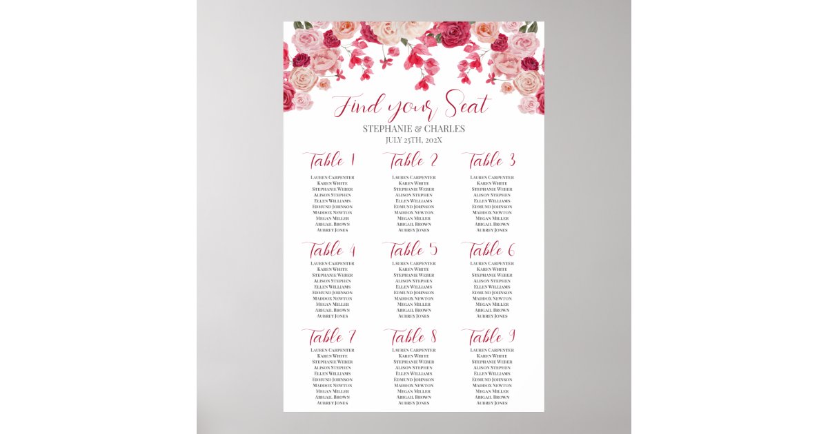Magenta Pink Floral Wedding Seating Chart | Zazzle