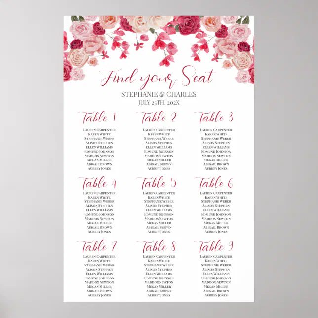 Magenta Pink Floral Wedding Seating Chart | Zazzle