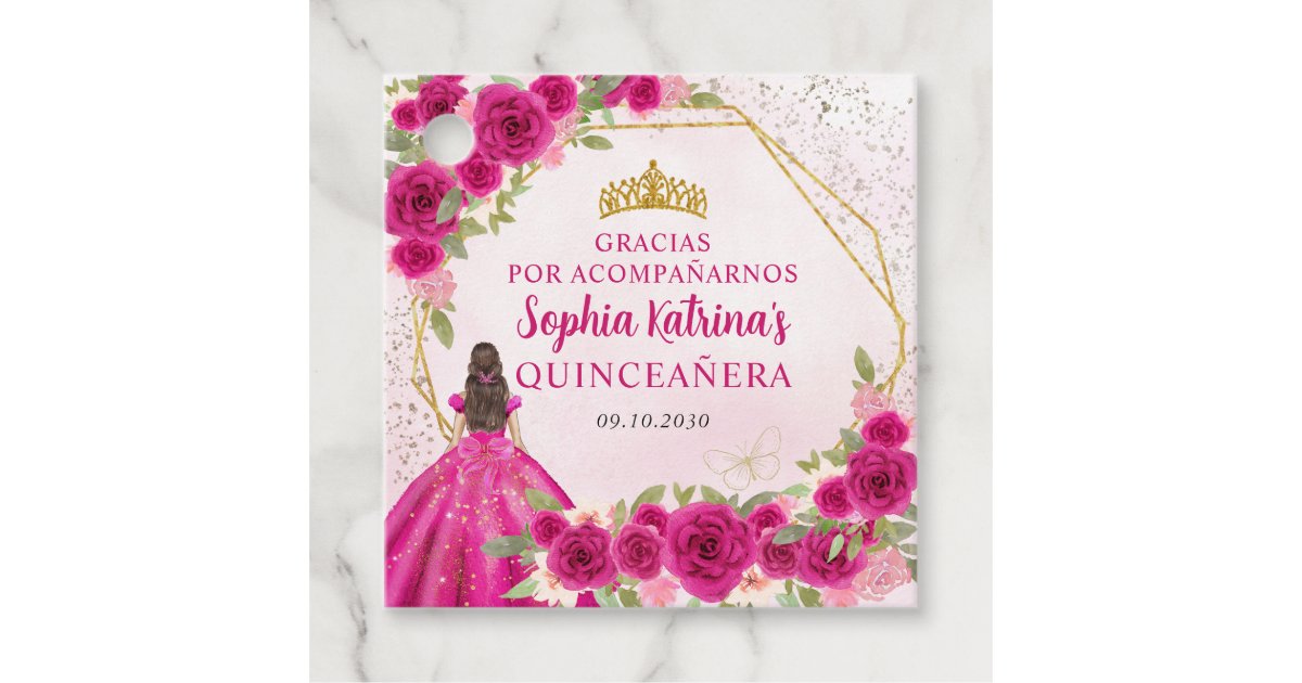 Magenta Pink Gold Floral Princess Tiara Gracias Favor Tags | Zazzle